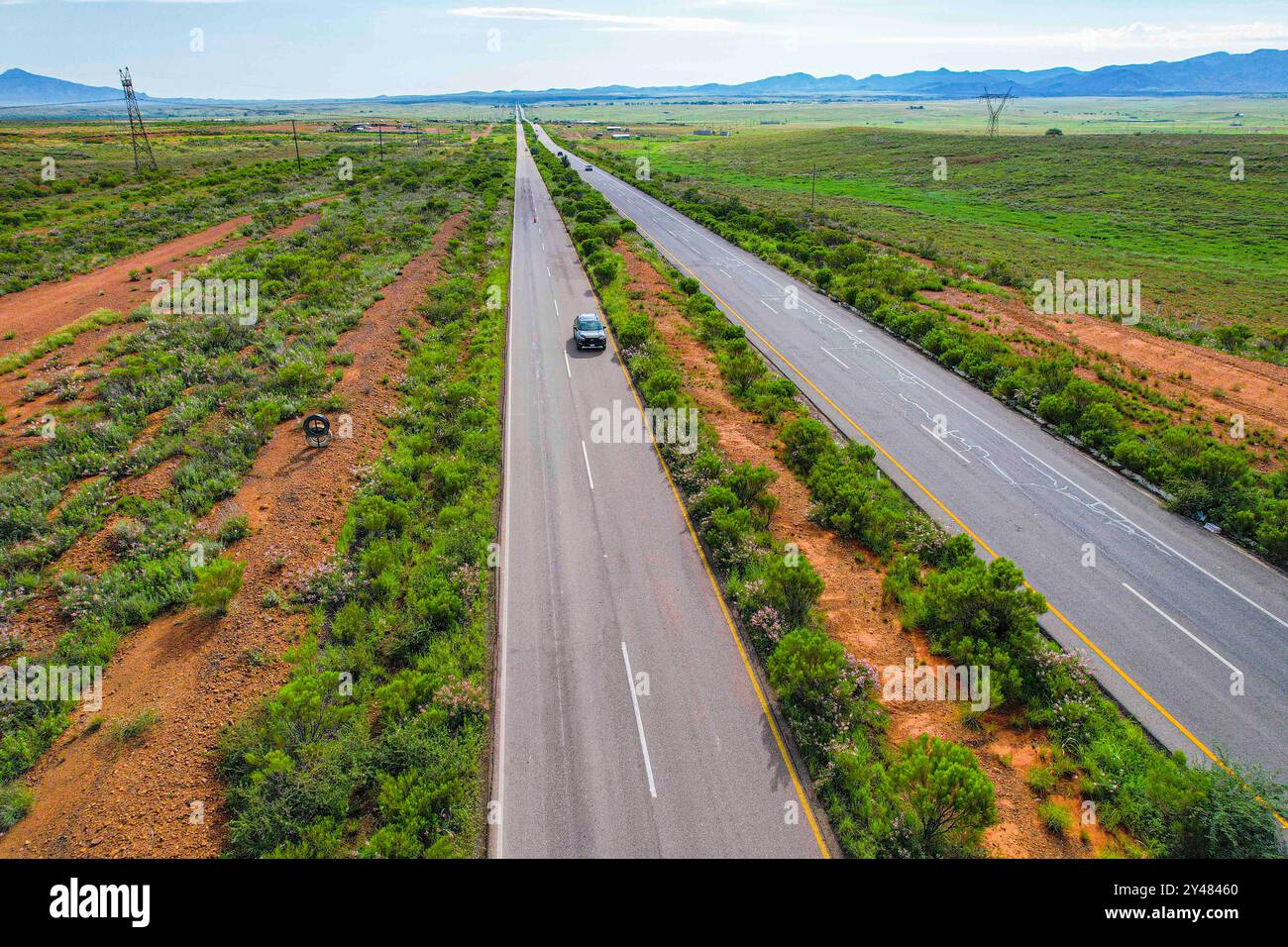 Paved road lanes with horizontal parallel lines, aerial view of dotted ...