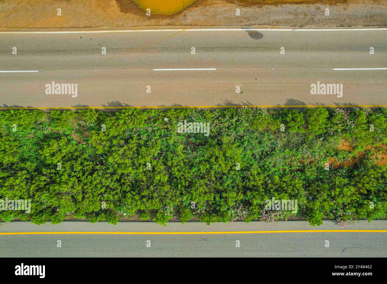 Paved road lanes with horizontal parallel lines, aerial view of dotted ...