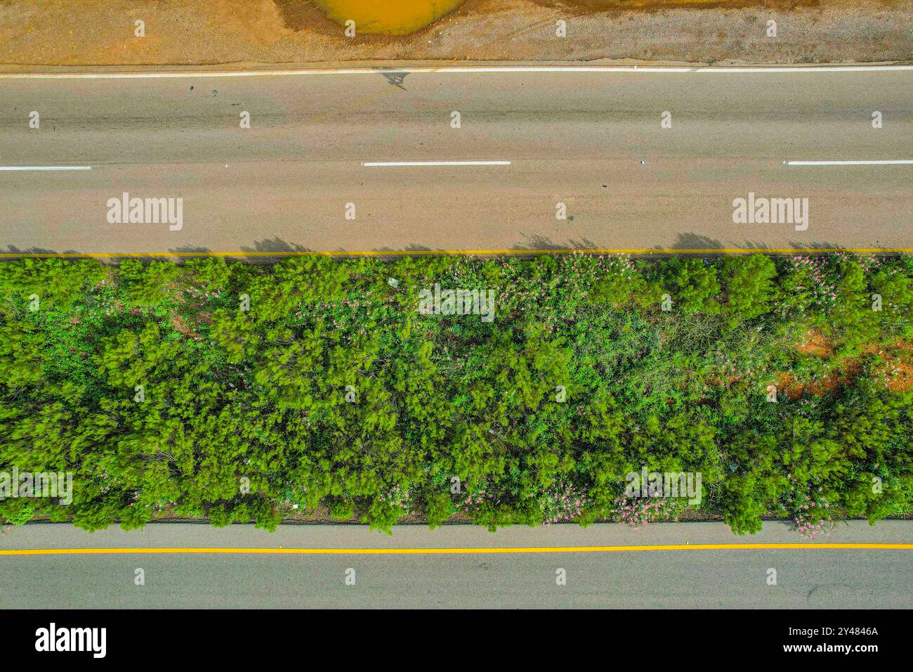 Paved road lanes with horizontal parallel lines, aerial view of dotted ...