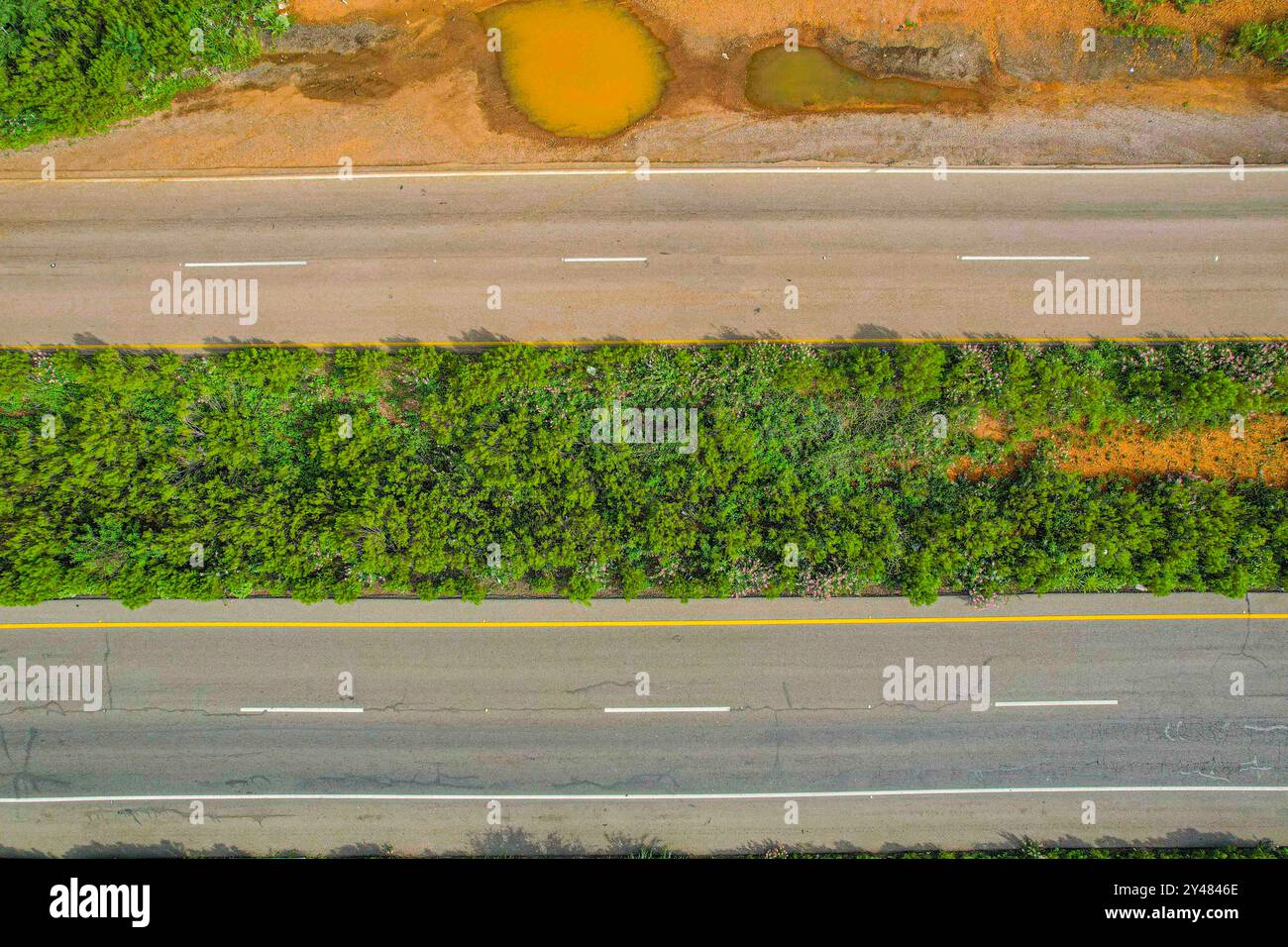 Paved road lanes with horizontal parallel lines, aerial view of dotted ...
