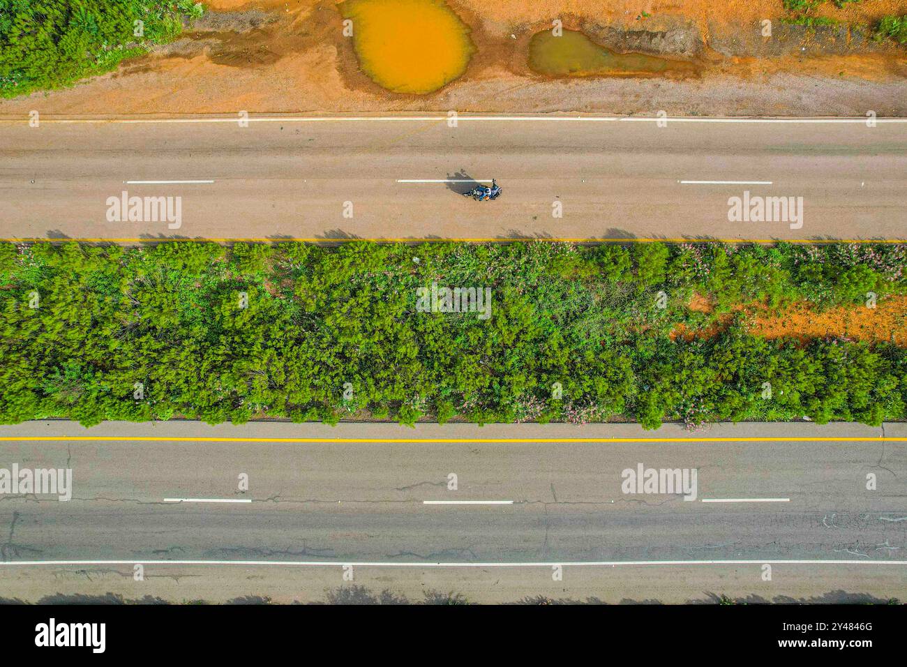 Paved road lanes with horizontal parallel lines, aerial view of dotted ...