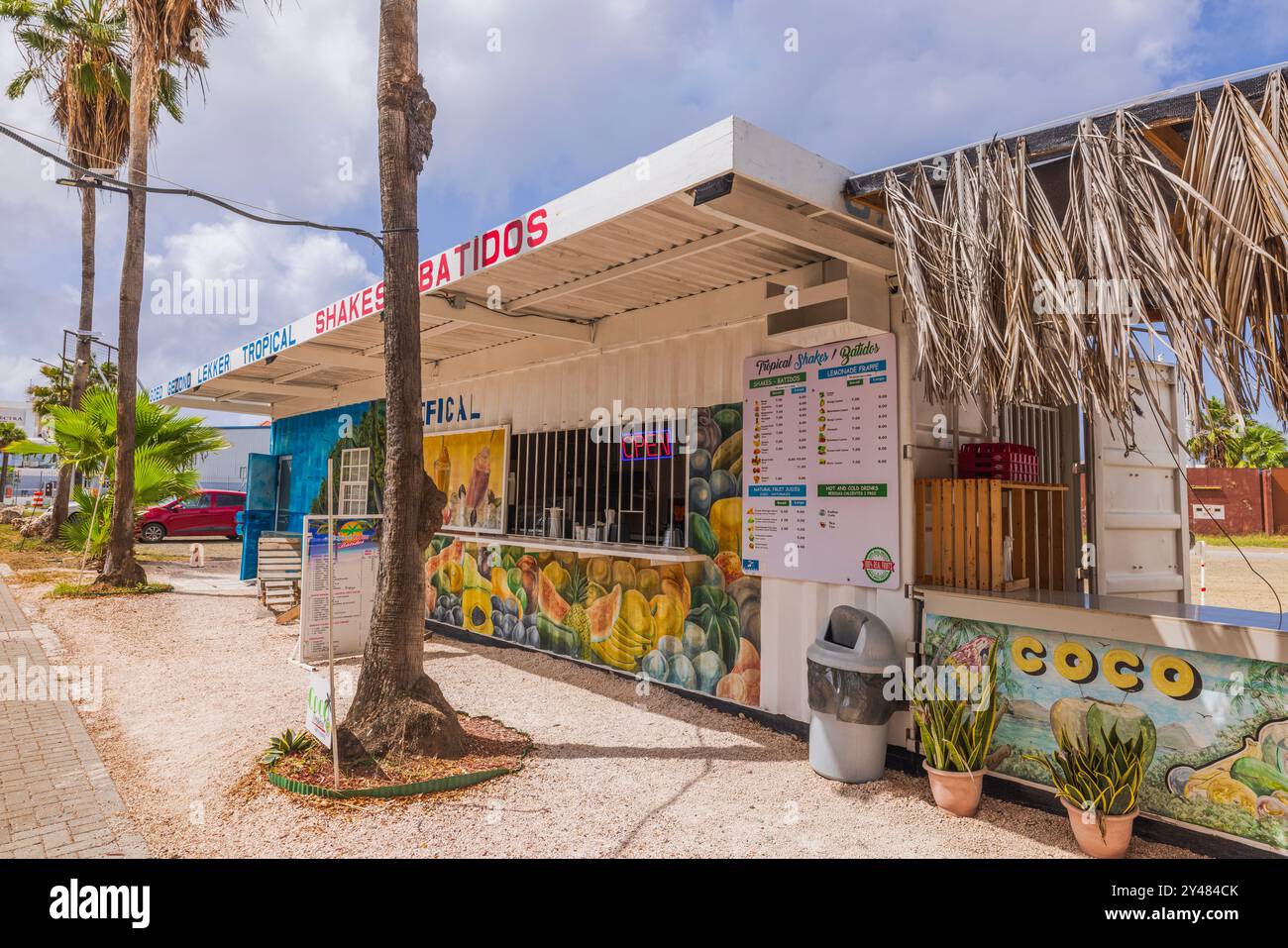 Beautiful view of tropical juice and smoothie stand with colorful ...