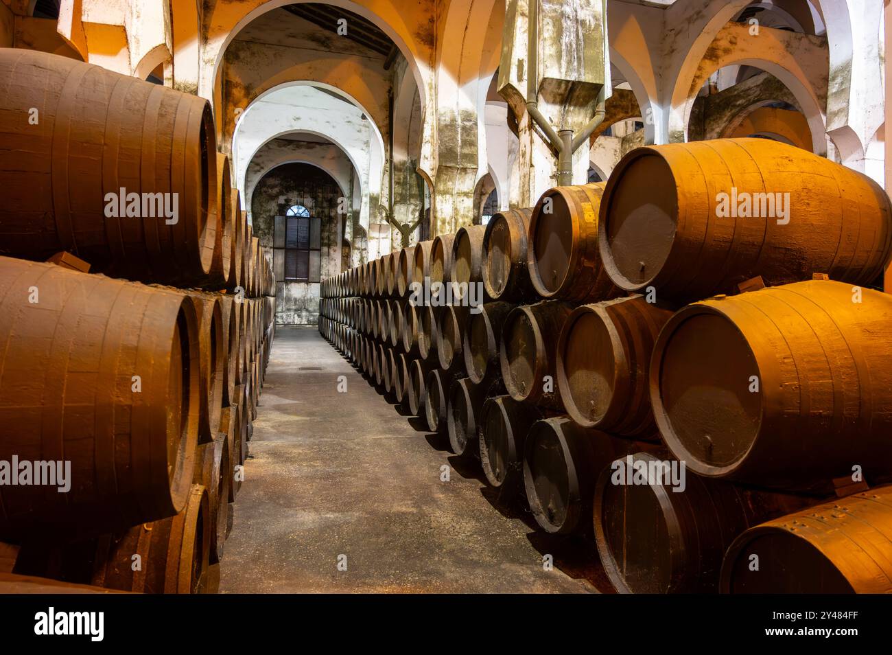 Solera system in old bodega, Andalusian wine cellar, process for aging ...