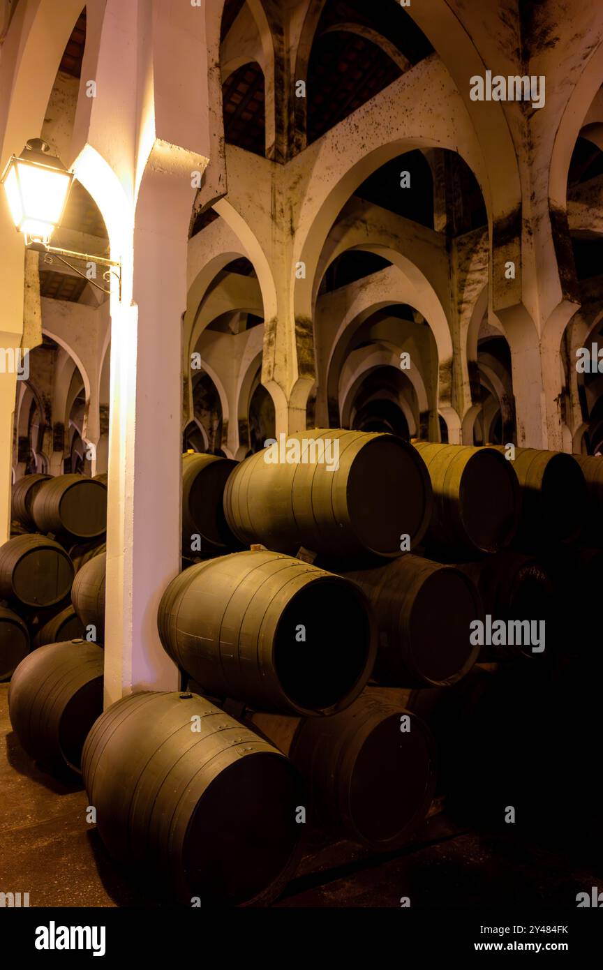 Solera system in old bodega, Andalusian wine cellar, process for aging ...