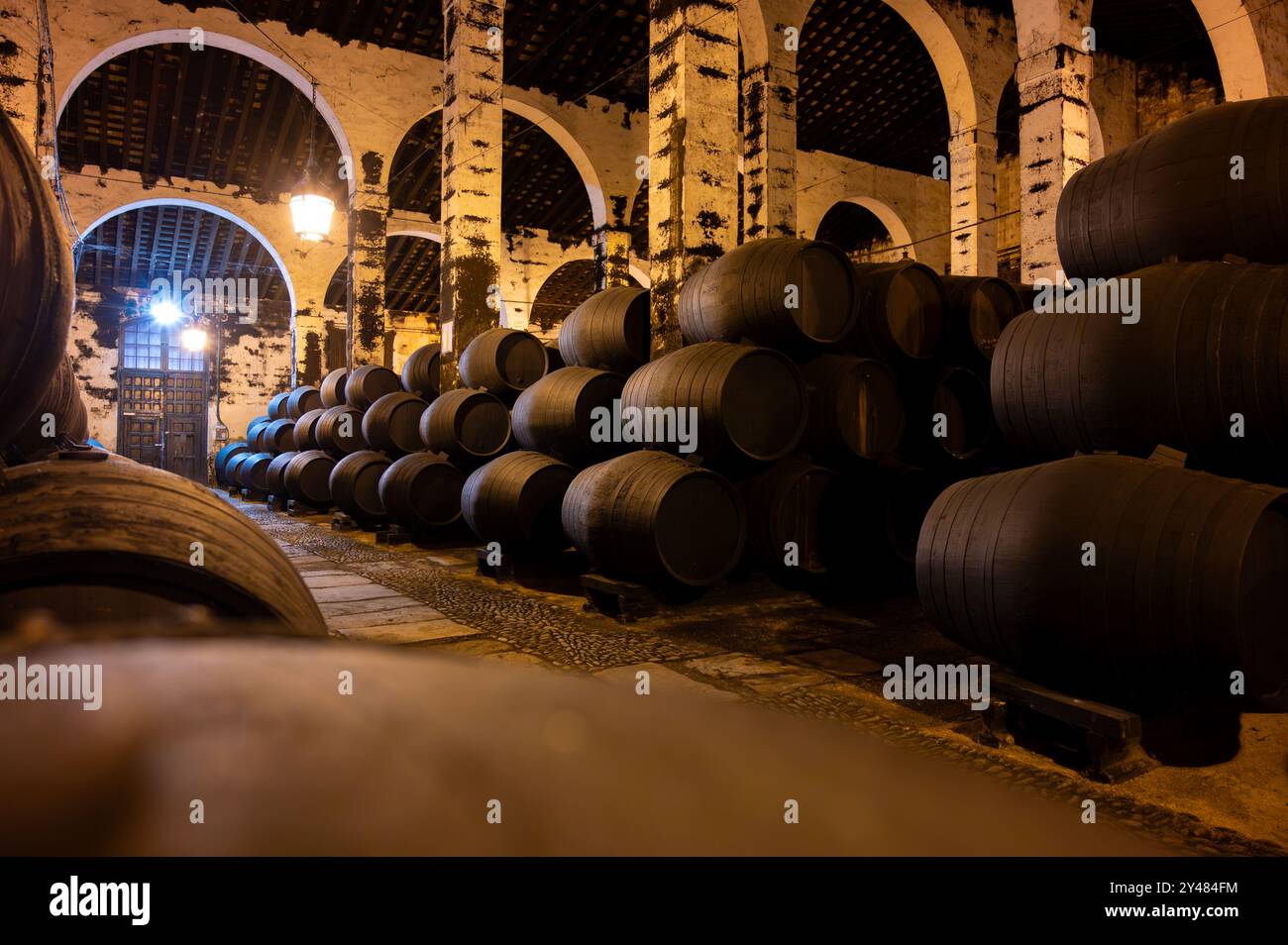 Solera system in old bodega, Andalusian wine cellar, process for aging ...