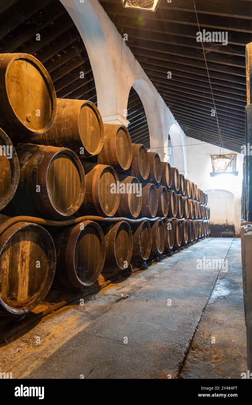 Solera systems in old Andalusian wine cellar, process for aging sherry ...