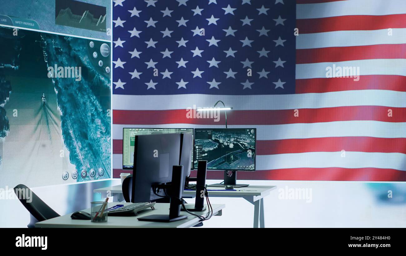 Empty operations center with an American flag working on national ...