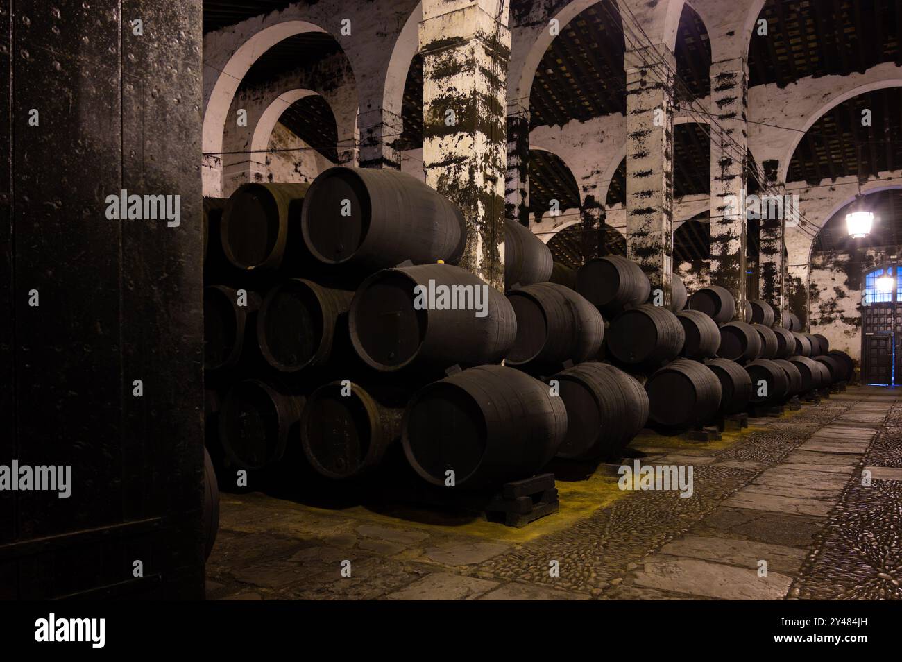 Solera system in old bodega, Andalusian wine cellar, process for aging ...