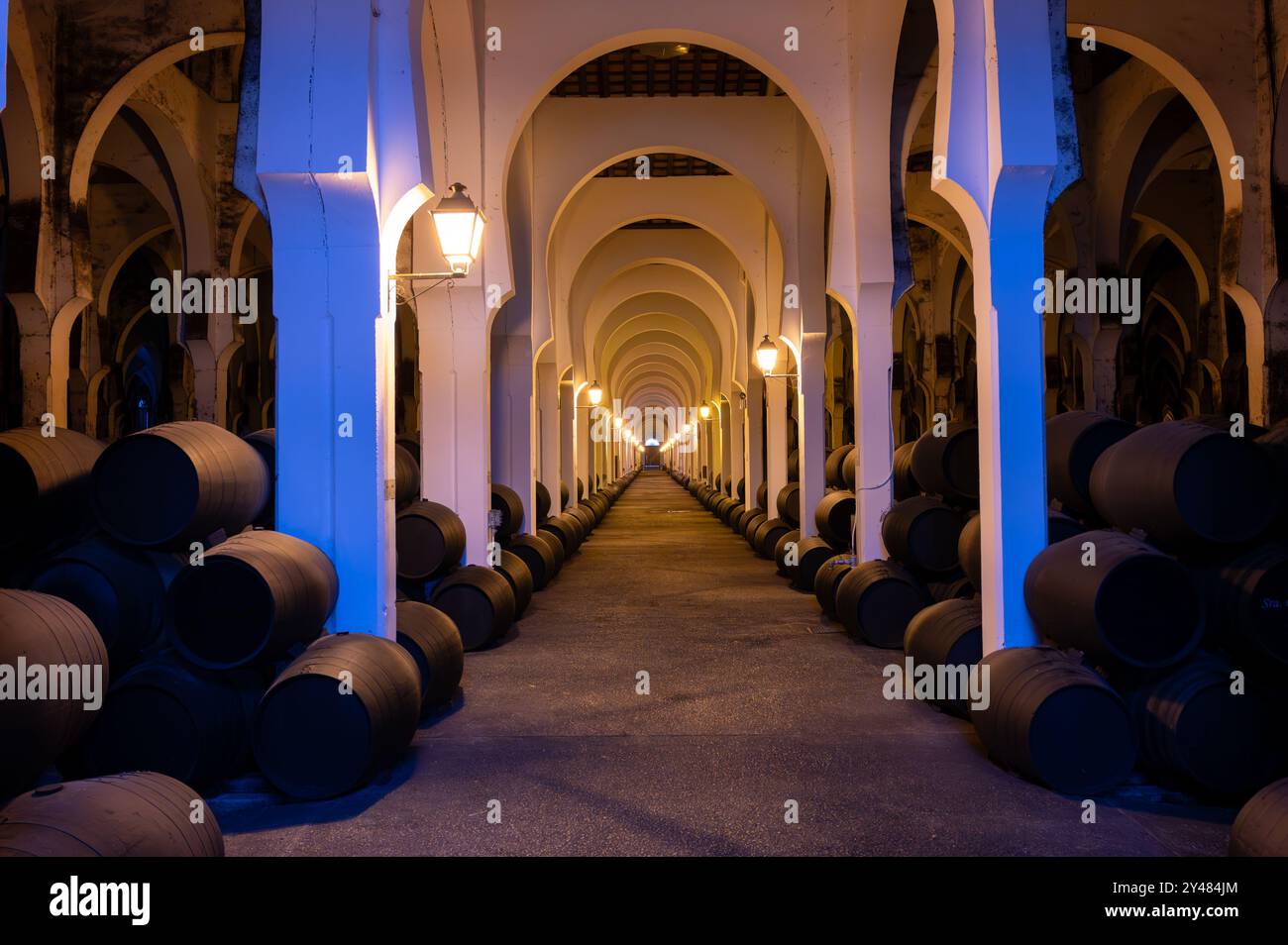 Solera system in old bodega, Andalusian wine cellar, process for aging ...