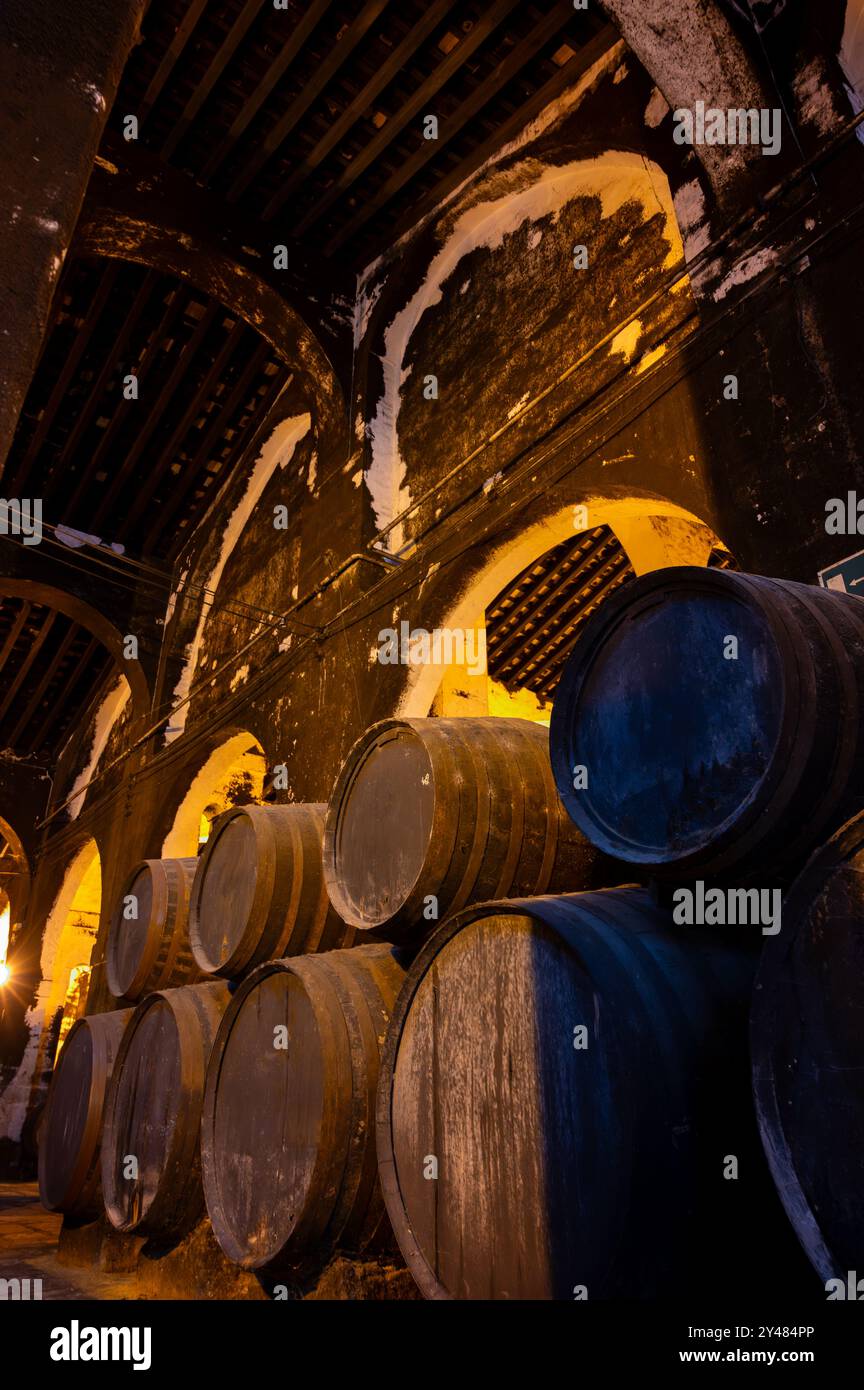 Solera system in old bodega, Andalusian wine cellar, process for aging ...