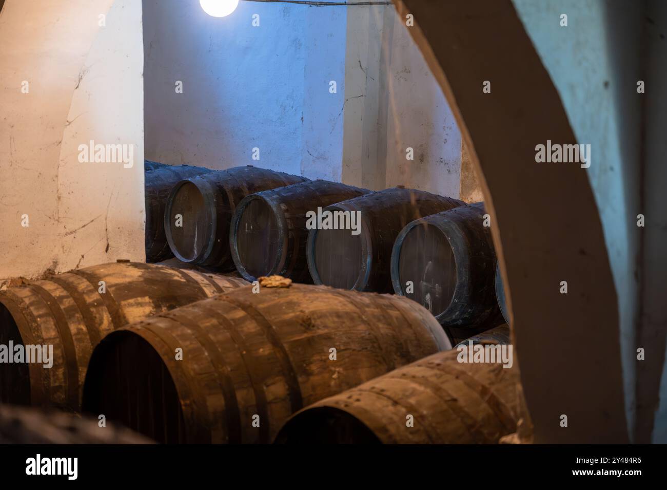 Solera systems in old Andalusian wine cellar, process for aging sherry ...