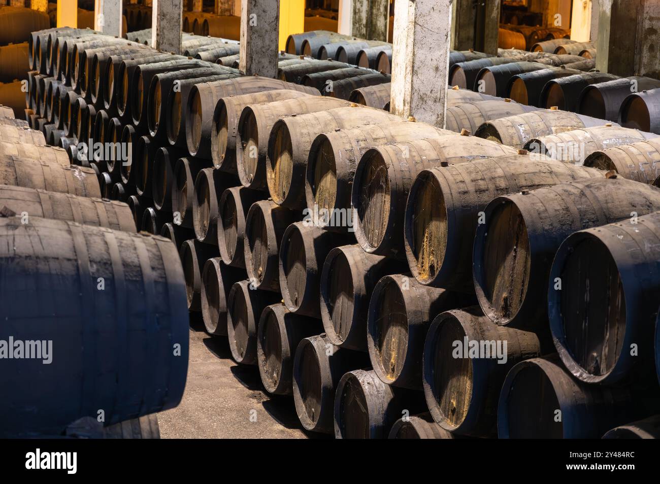 Solera system in old bodega, Andalusian wine cellar, process for aging ...