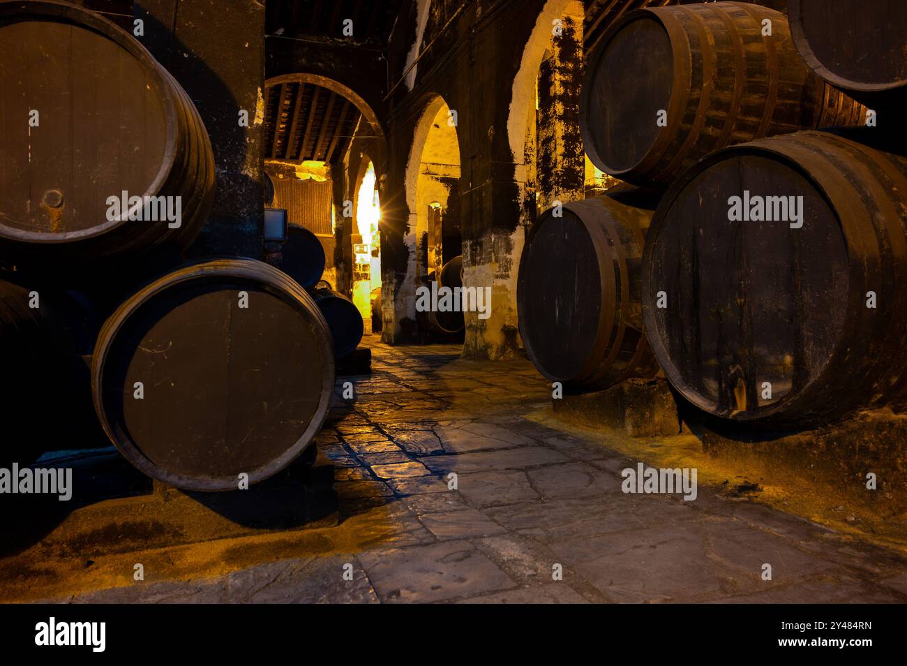 Solera system in old bodega, Andalusian wine cellar, process for aging ...