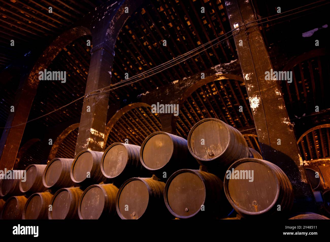 Solera system in old bodega, Andalusian wine cellar, process for aging ...