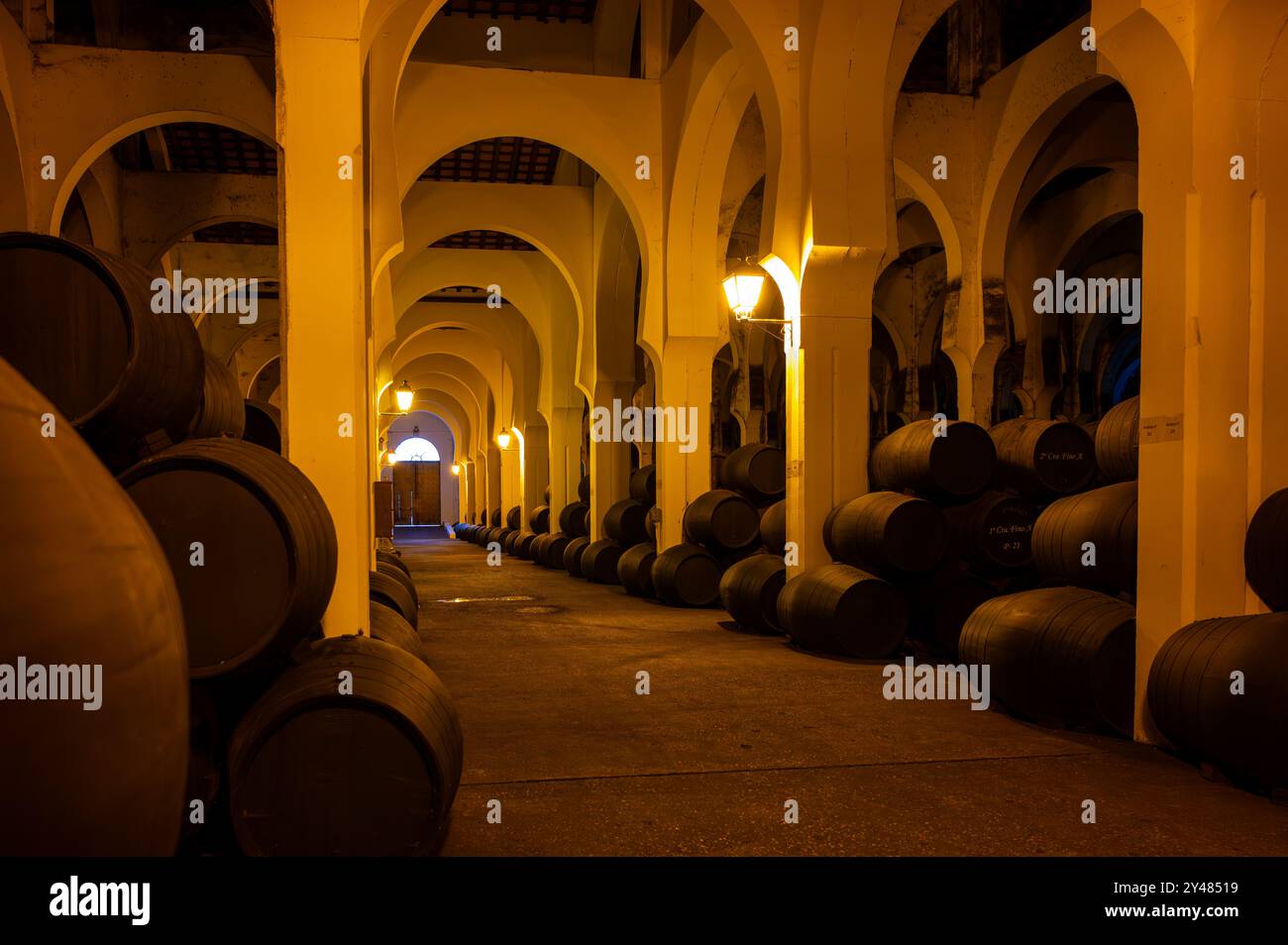 Solera system in old bodega, Andalusian wine cellar, process for aging ...