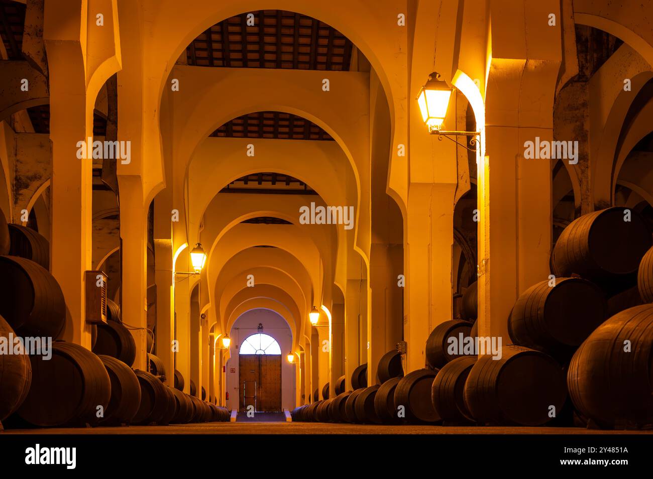 Solera system in old bodega, Andalusian wine cellar, process for aging ...