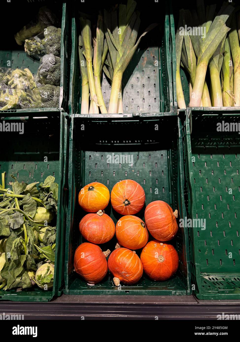 Ripe Hokkaido pumpkins and other vegetables on a shelf in a grocery ...