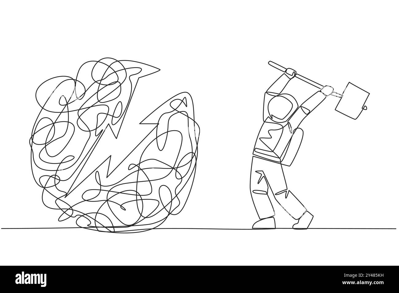 Single one line drawing young astronaut preparing to hit big mess ...