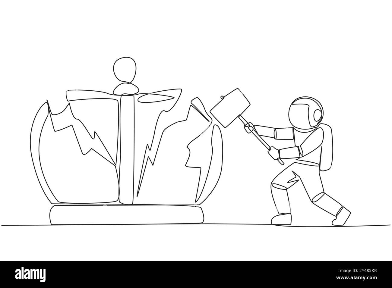 Single continuous line drawing young astronaut preparing to hit the big ...