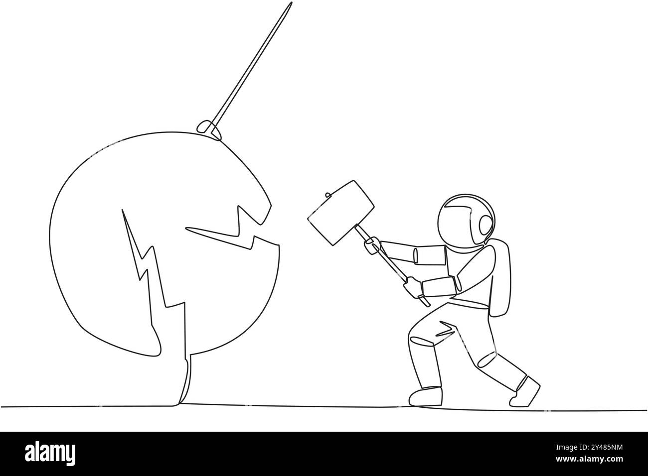 Continuous one line drawing astronaut preparing to hit big swinging ...