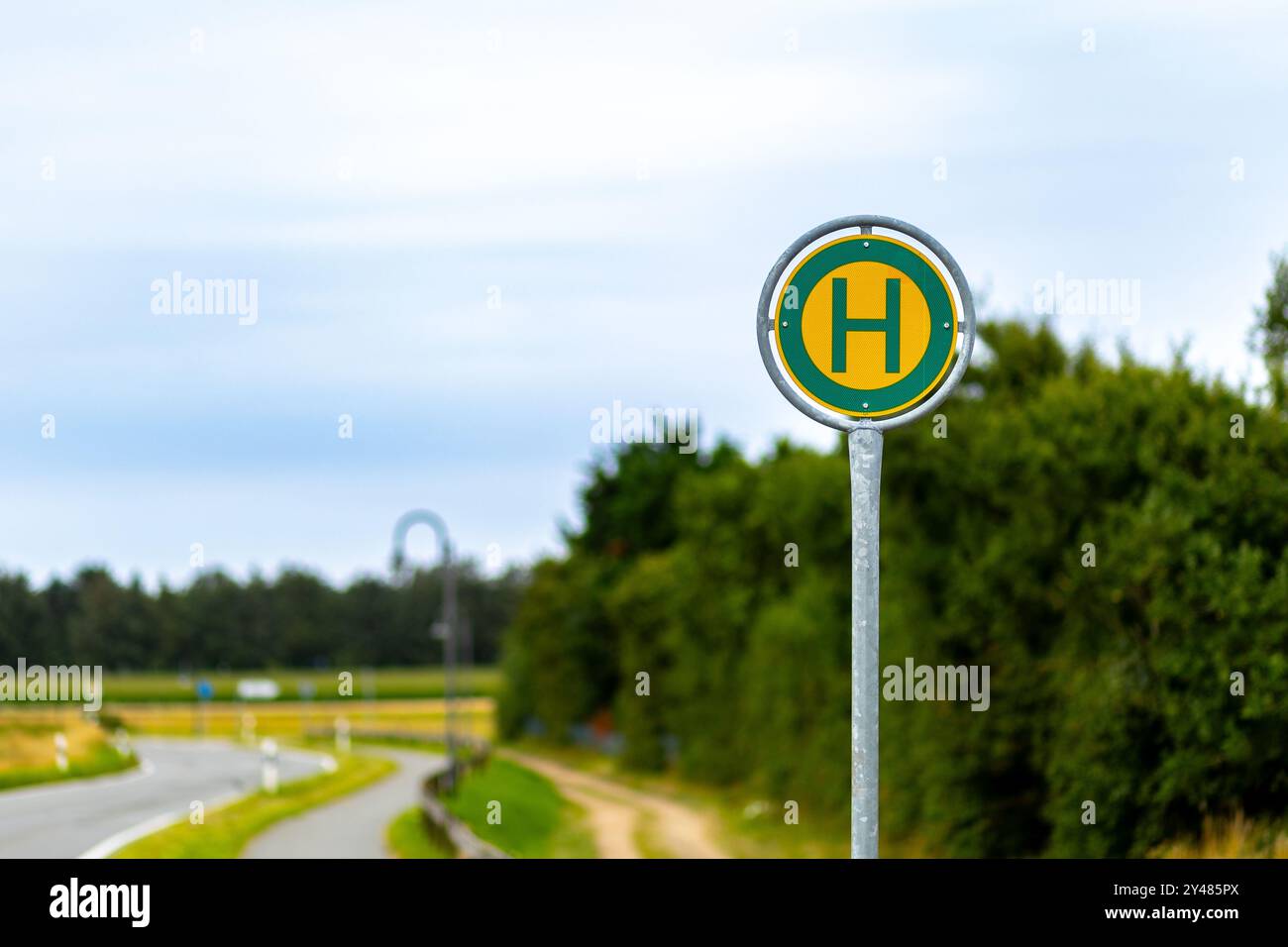 A bus stop sign stands tall beside a winding road, surrounded by lush ...