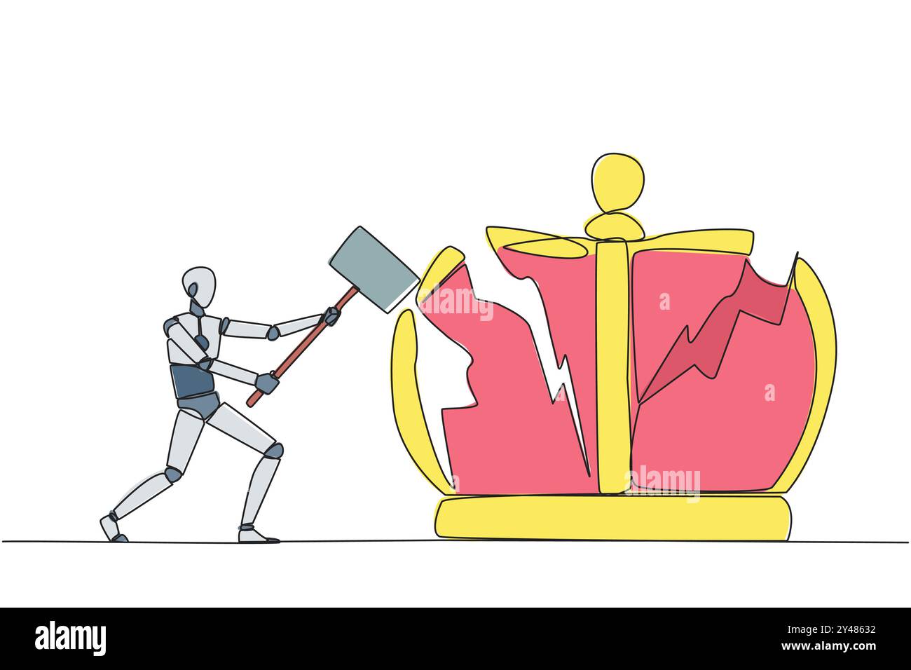 Continuous one line drawing smart robot preparing to hit the big crown ...