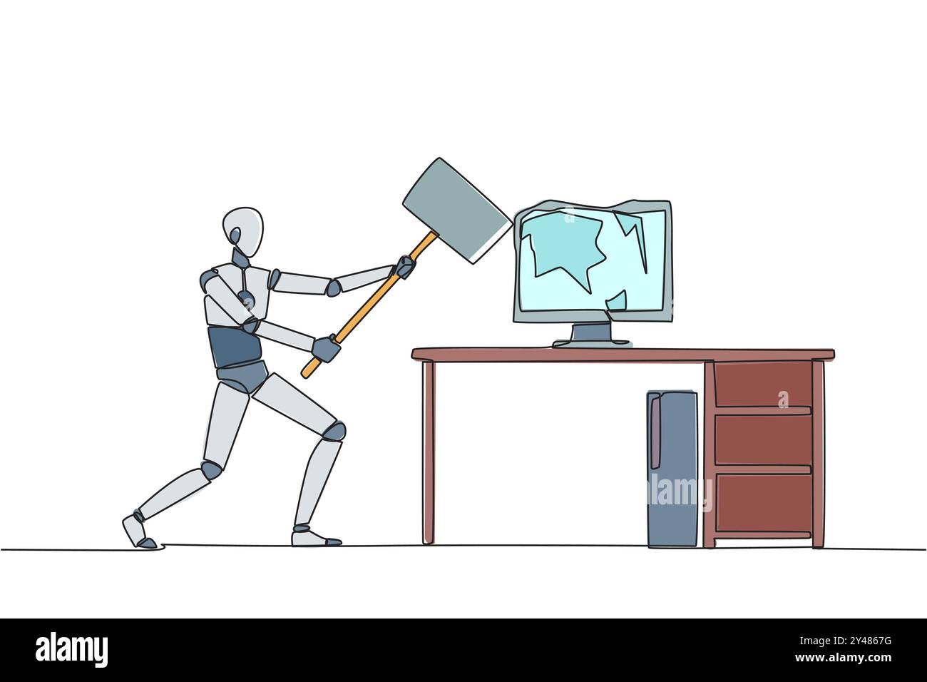 Single continuous line drawing smart robotic preparing to hit computer ...