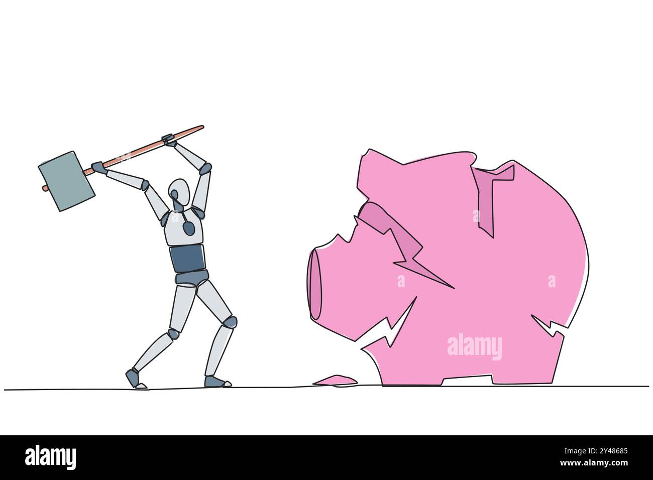 Single one line drawing smart robotic preparing to hit the big piggy ...