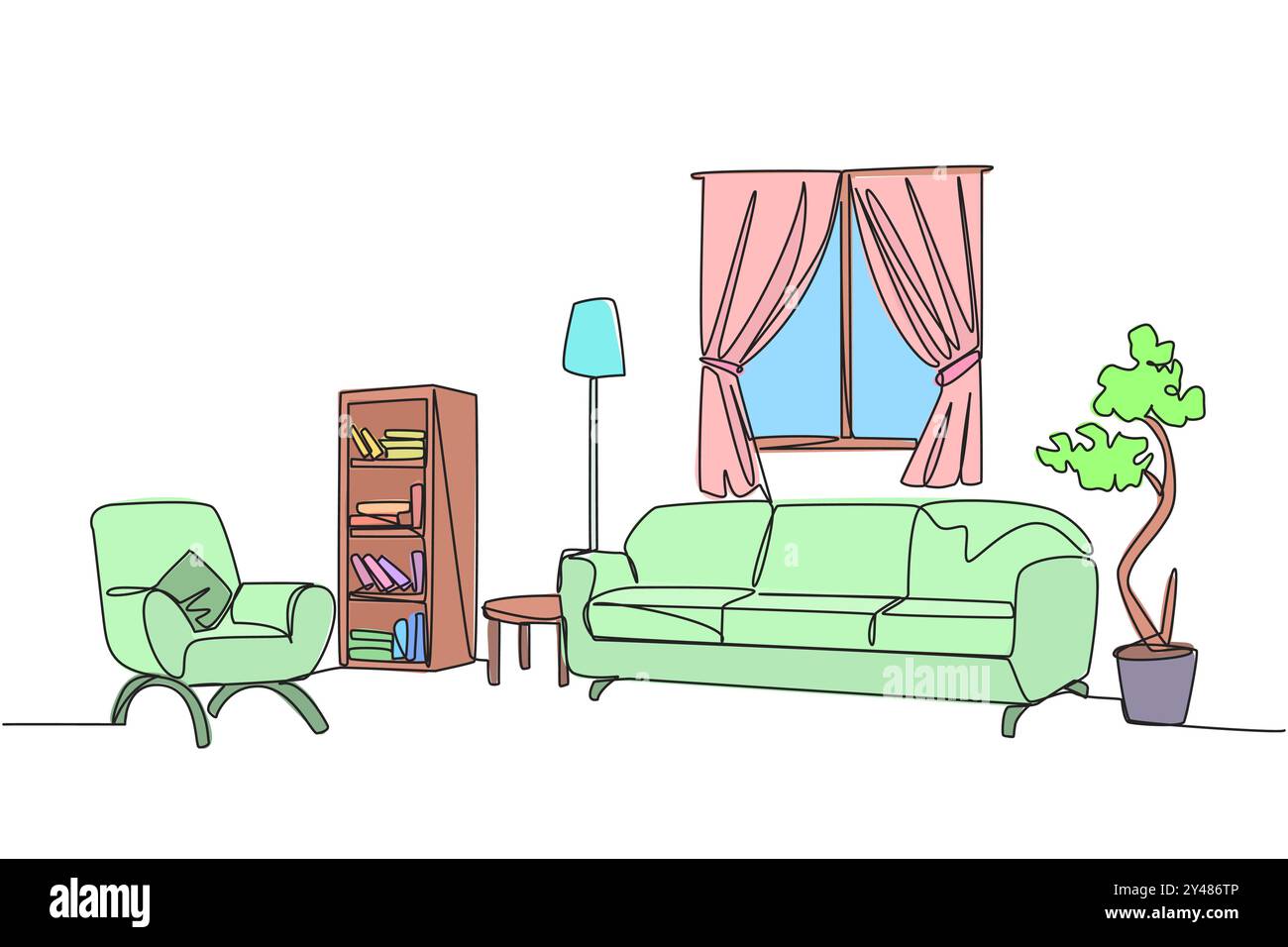 Single one line drawing stylish room with full furniture modern ...