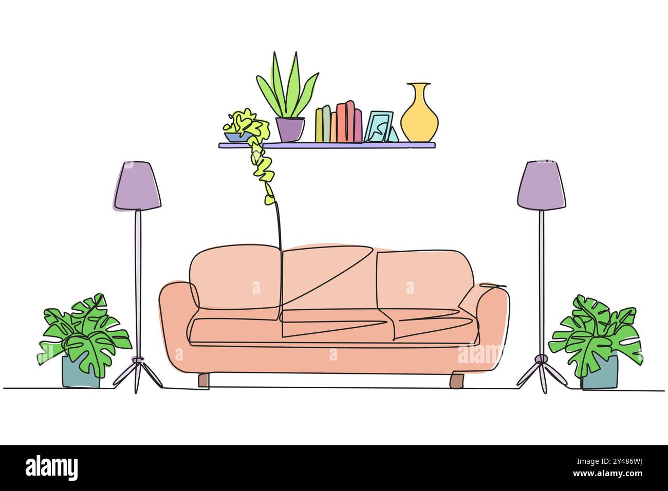 Single continuous line drawing stylish living room with full furniture ...