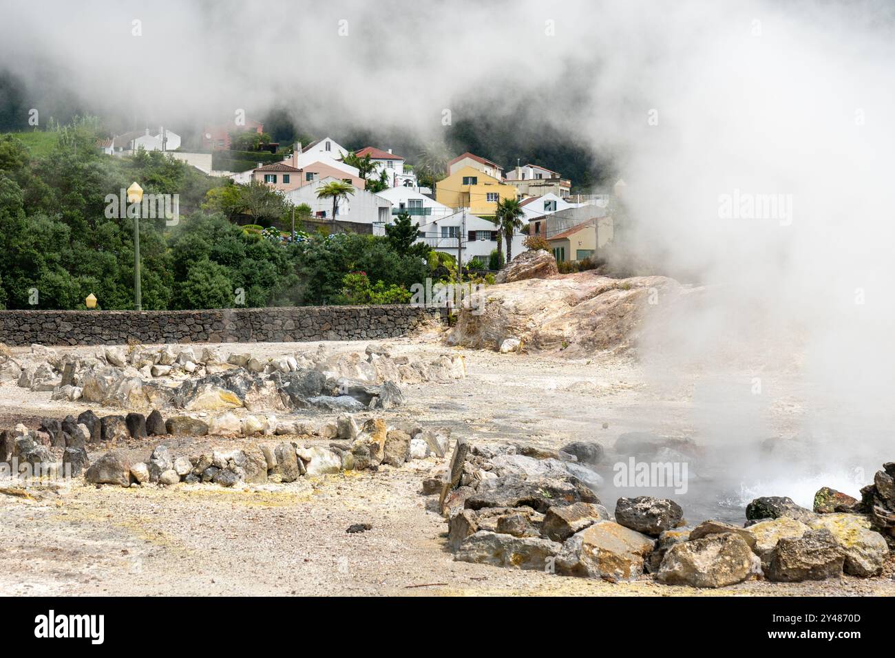Steam of the active Vulcanian fumaroles in the center of Furnas, on the ...