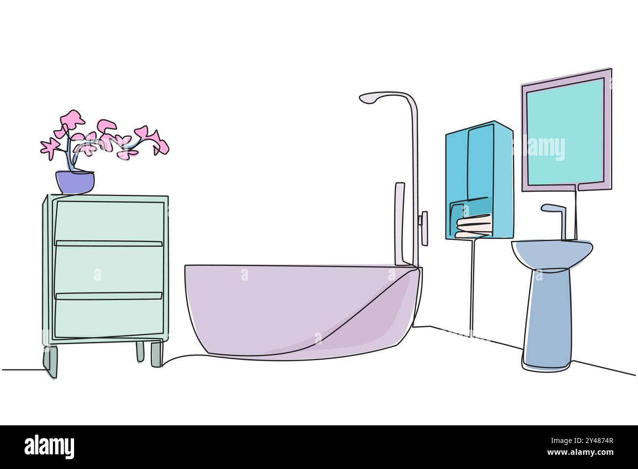 Single one line drawing stylish bathroom with full furniture modern ...