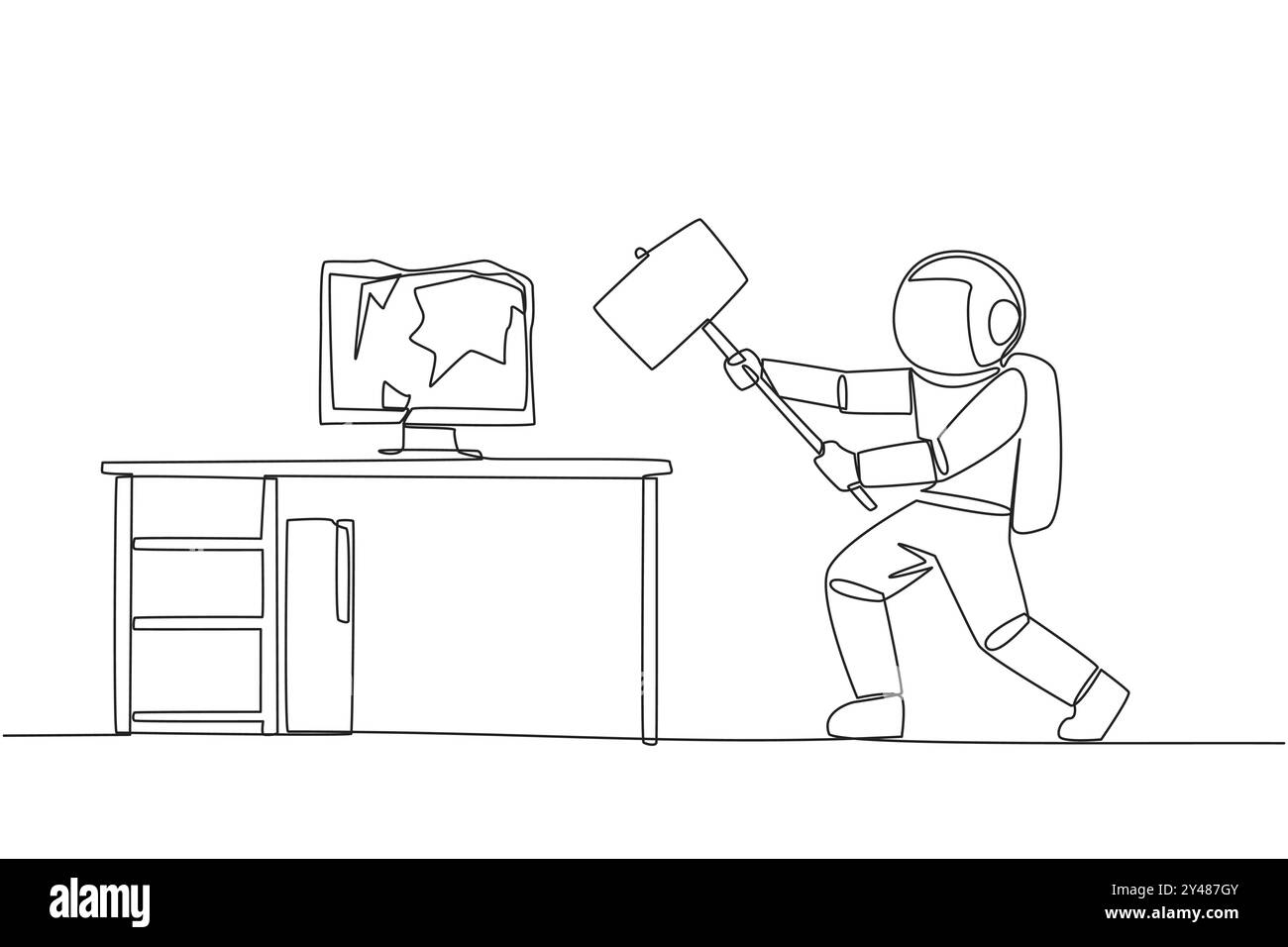 Single continuous line drawing young astronaut preparing to hit ...