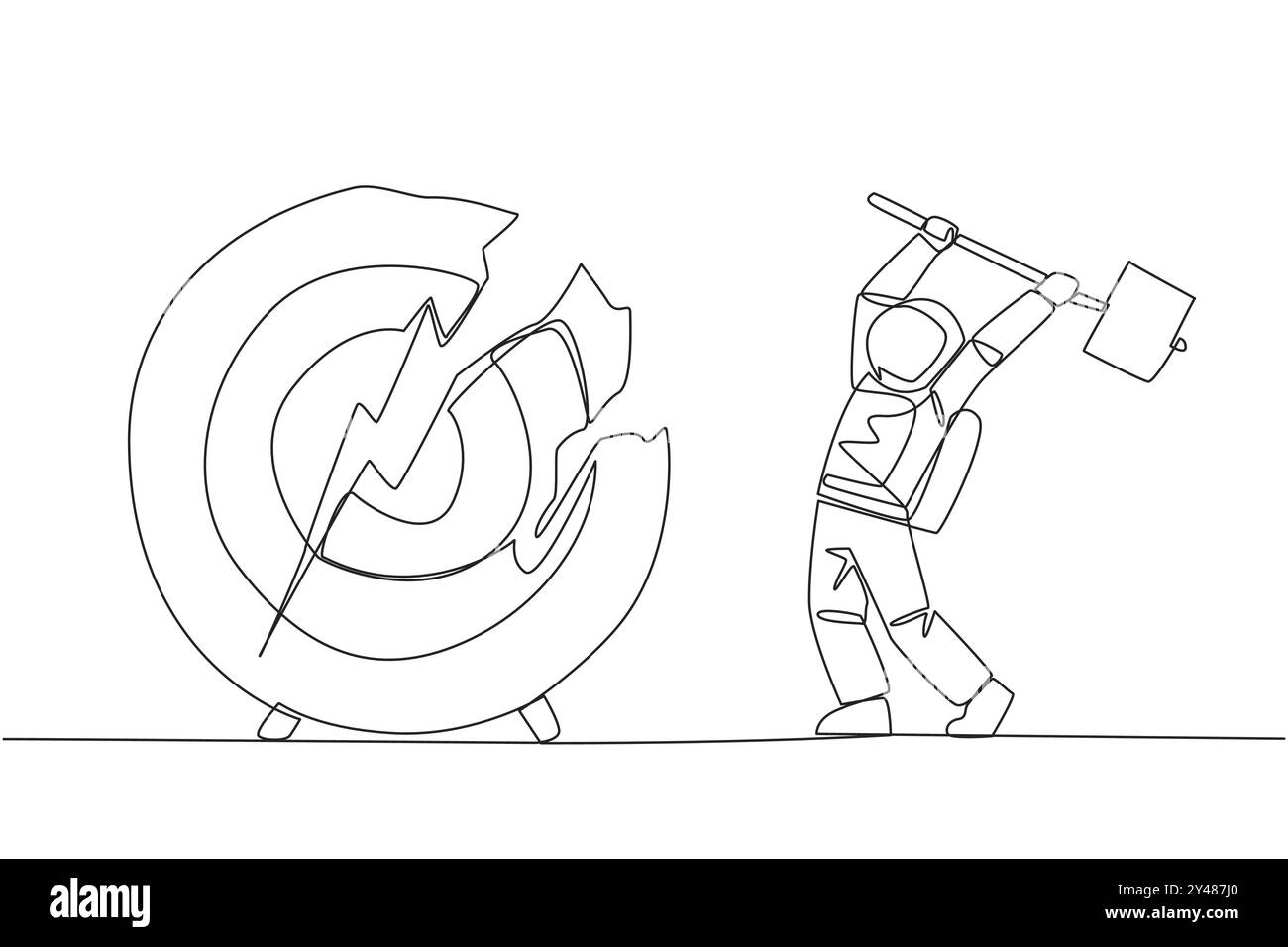 Continuous one line drawing astronaut preparing to hit a big target ...