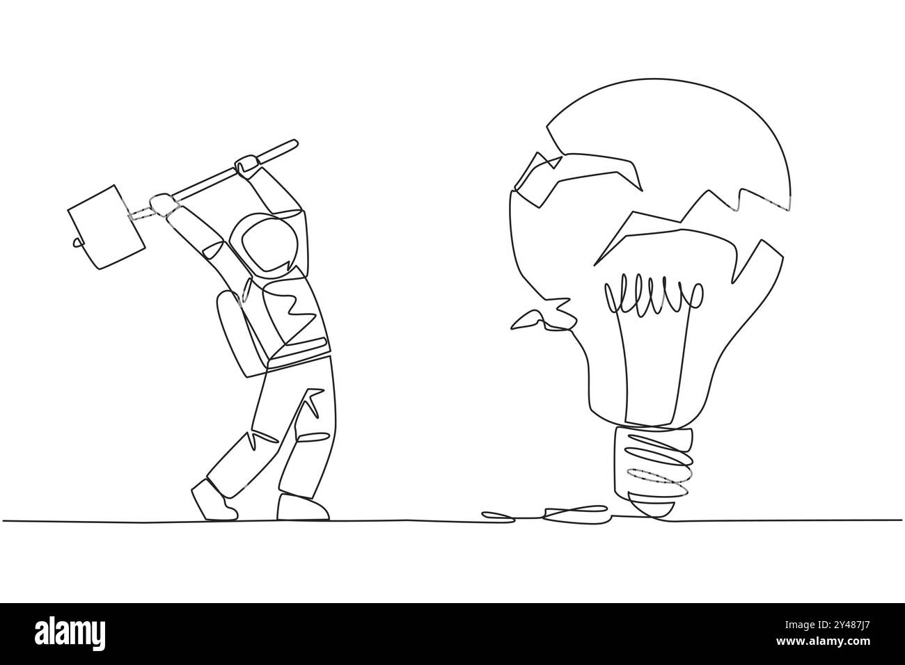 Continuous one line drawing young astronaut preparing to hit a big ...