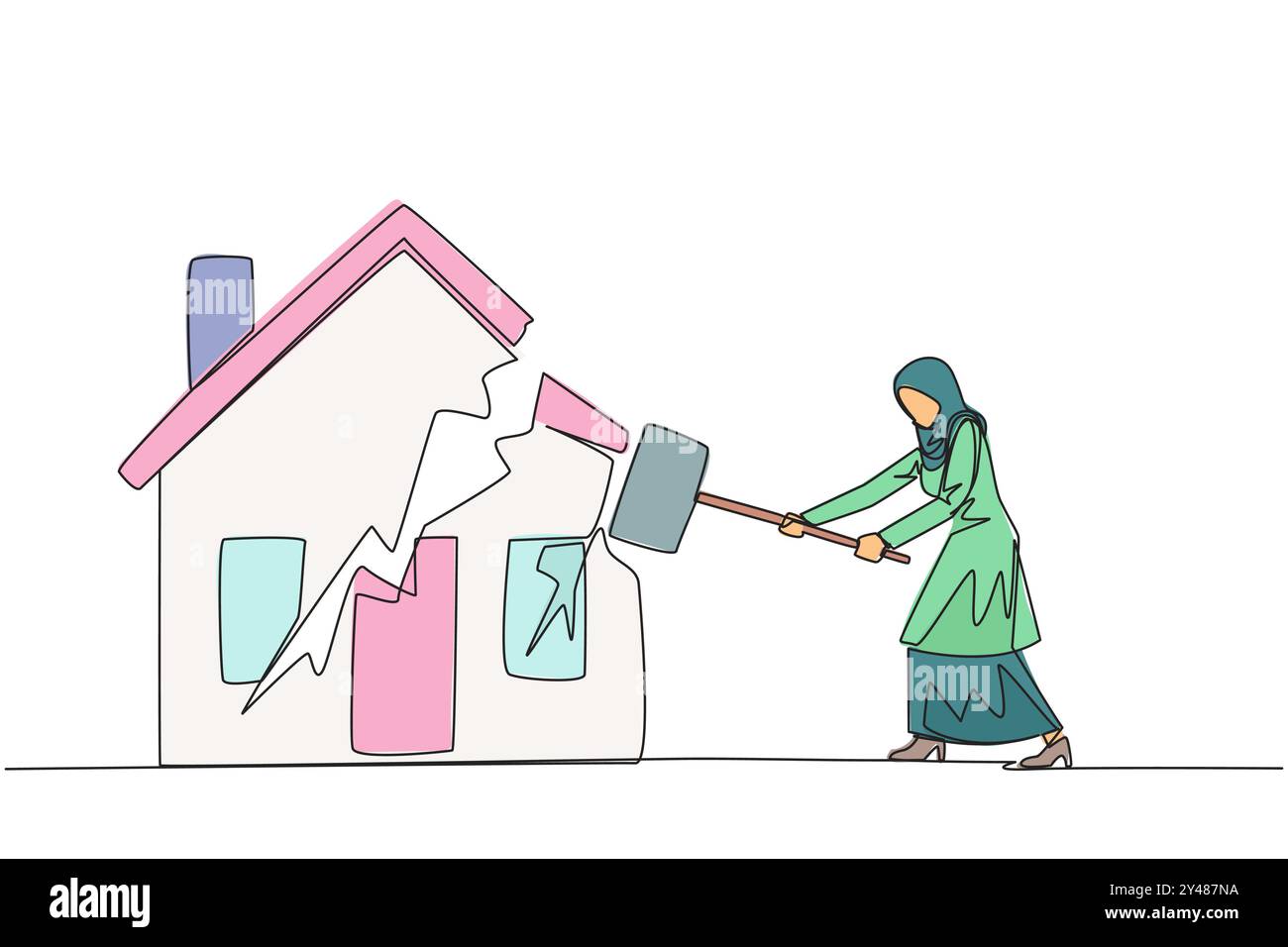 Single continuous line drawing Arabian businesswoman preparing to hit ...