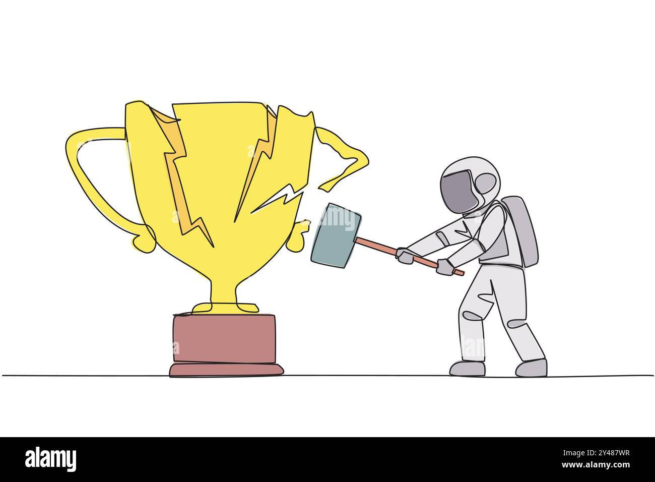 Single continuous line drawing young astronaut preparing to hit the big ...