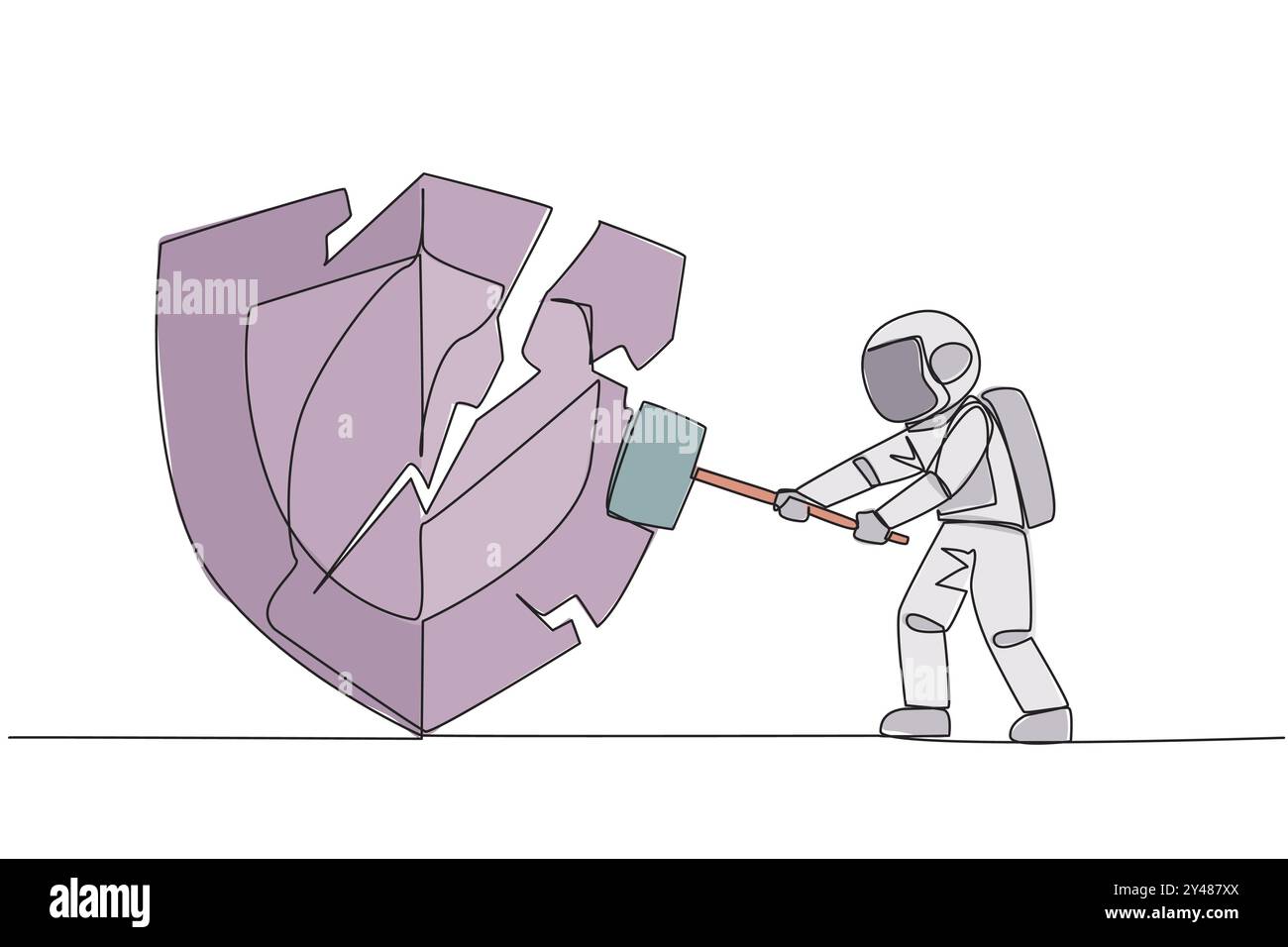 Continuous one line drawing astronaut preparing to hit shield. Rampage ...