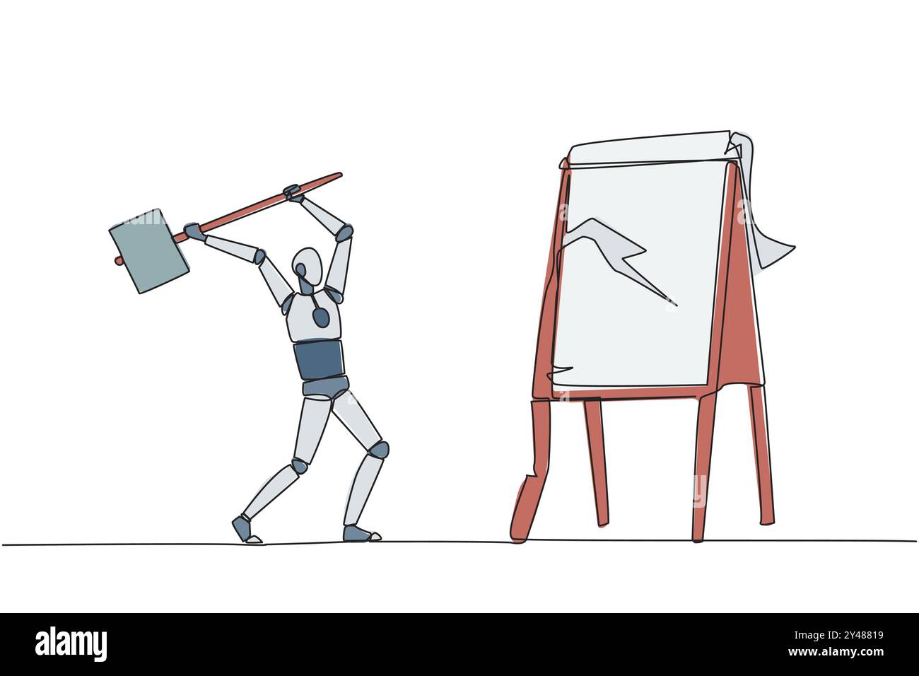 Single one line drawing smart robot preparing to hit big flip chart ...