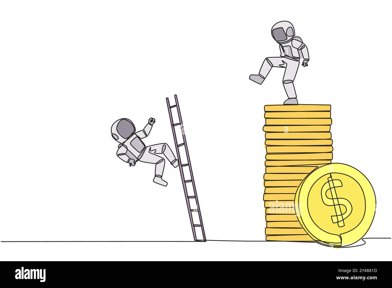 Continuous one line drawing astronaut kicks opponent who climbing a ...