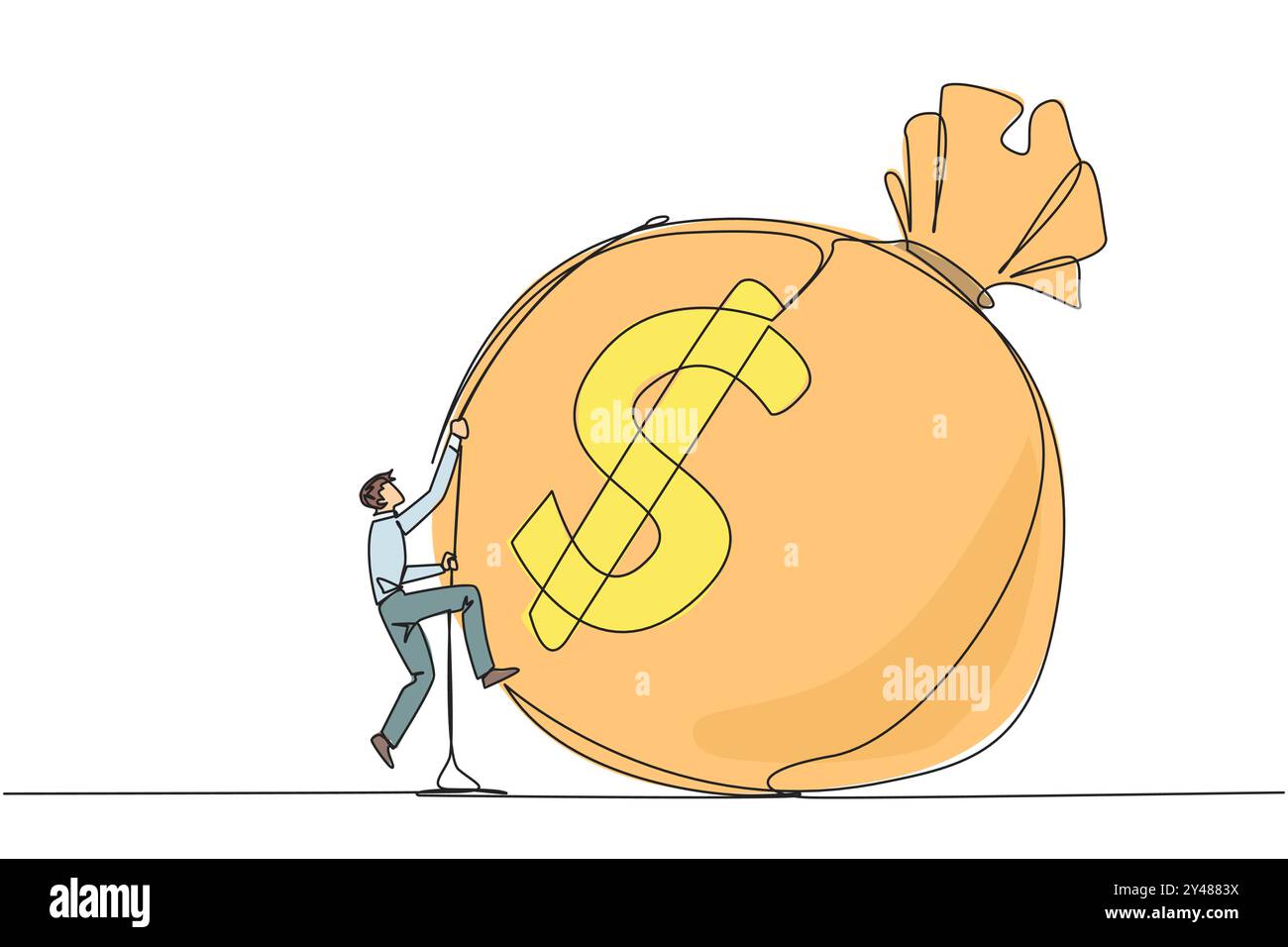 Continuous one line drawing businessman climbing money bag with rope ...