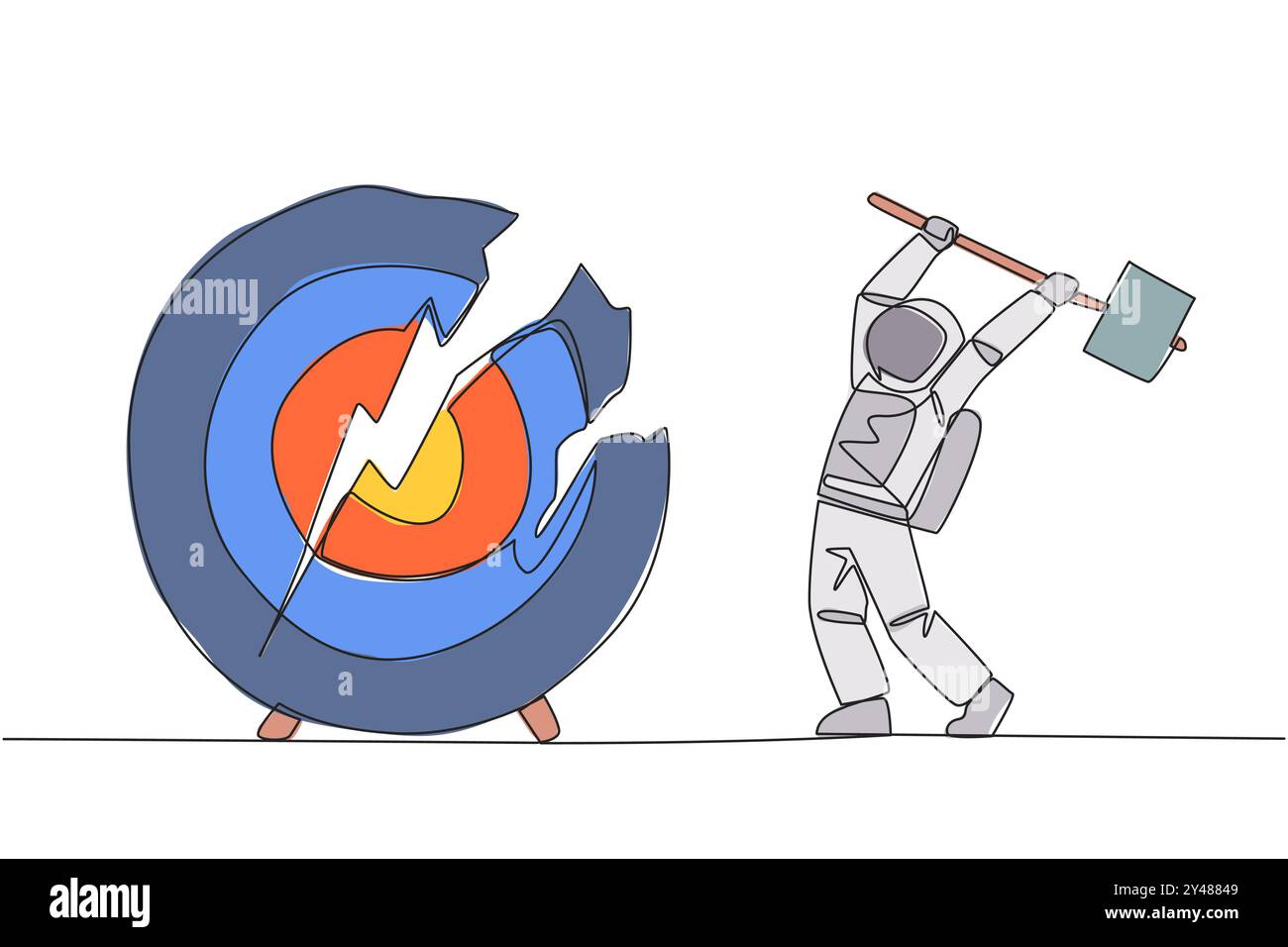 Continuous one line drawing astronaut preparing to hit a big target ...