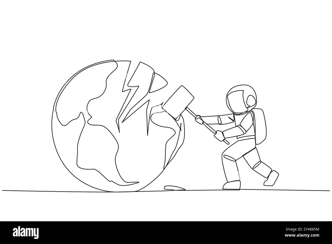 Continuous one line drawing astronaut preparing to hit the big globe ...