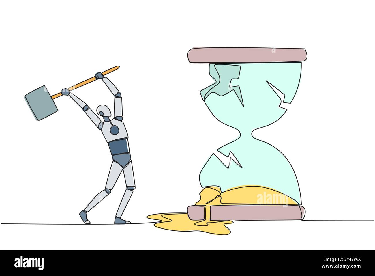 Continuous one line drawing robot preparing to hit the big hourglass ...