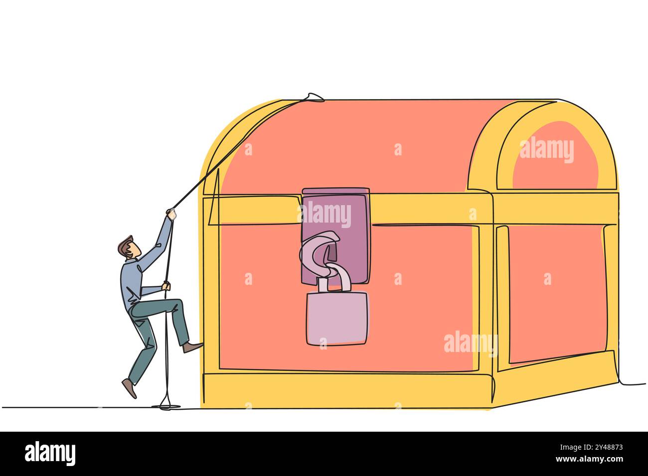 Single continuous line drawing businessman climbs treasure chest with ...