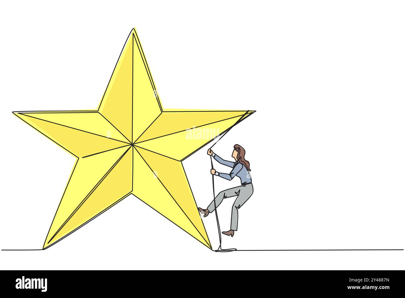Single continuous line drawing businesswoman climbing the star with ...