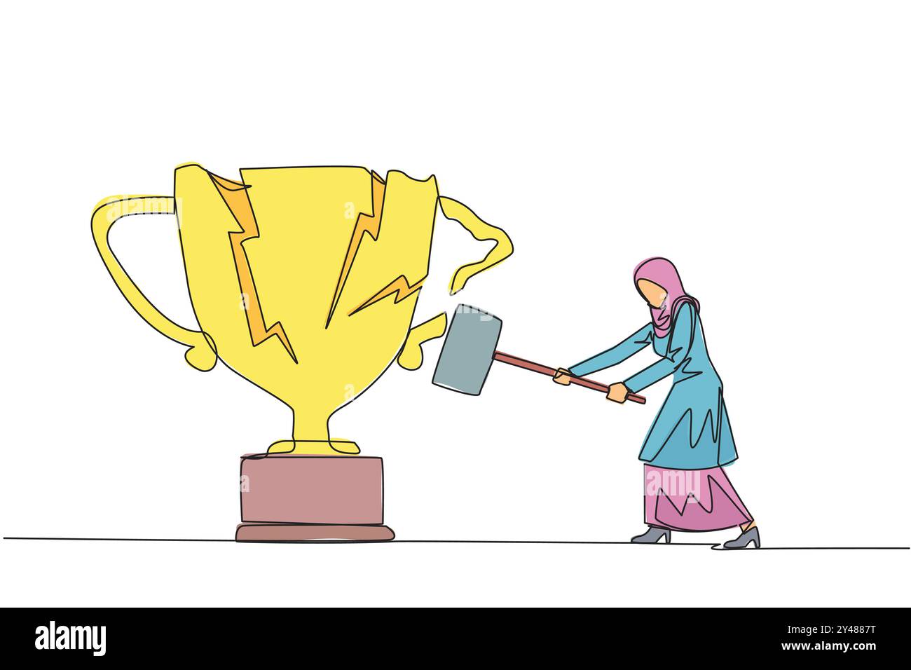 Single continuous line drawing Arabian businesswoman preparing to hit ...