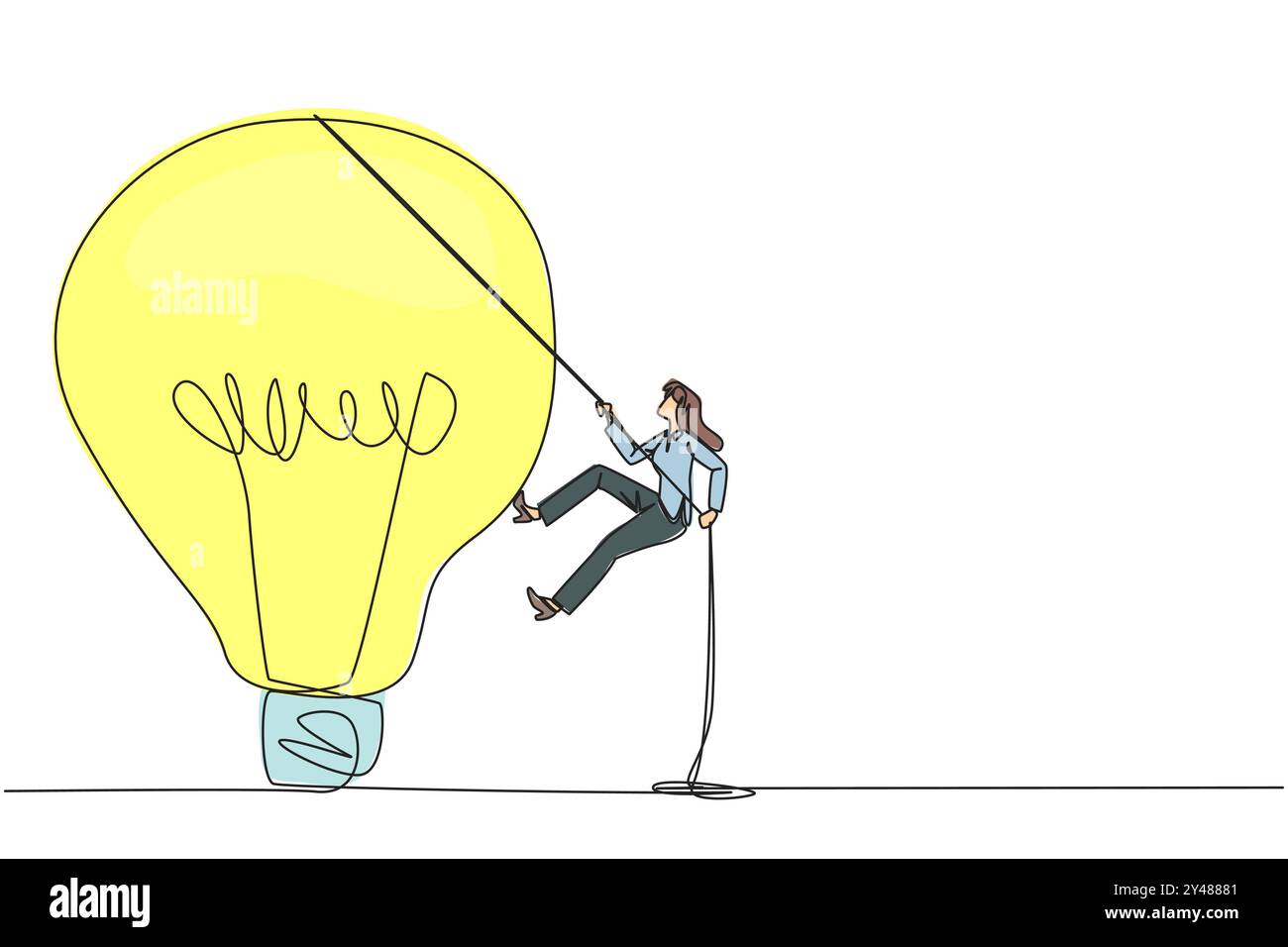 Continuous one line drawing businesswoman climbing lightbulb with rope ...