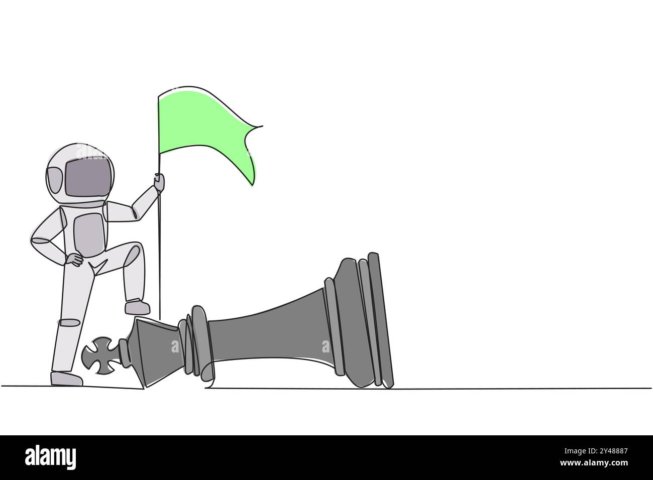 Single continuous line drawing young astronaut holds flag, defeat ...