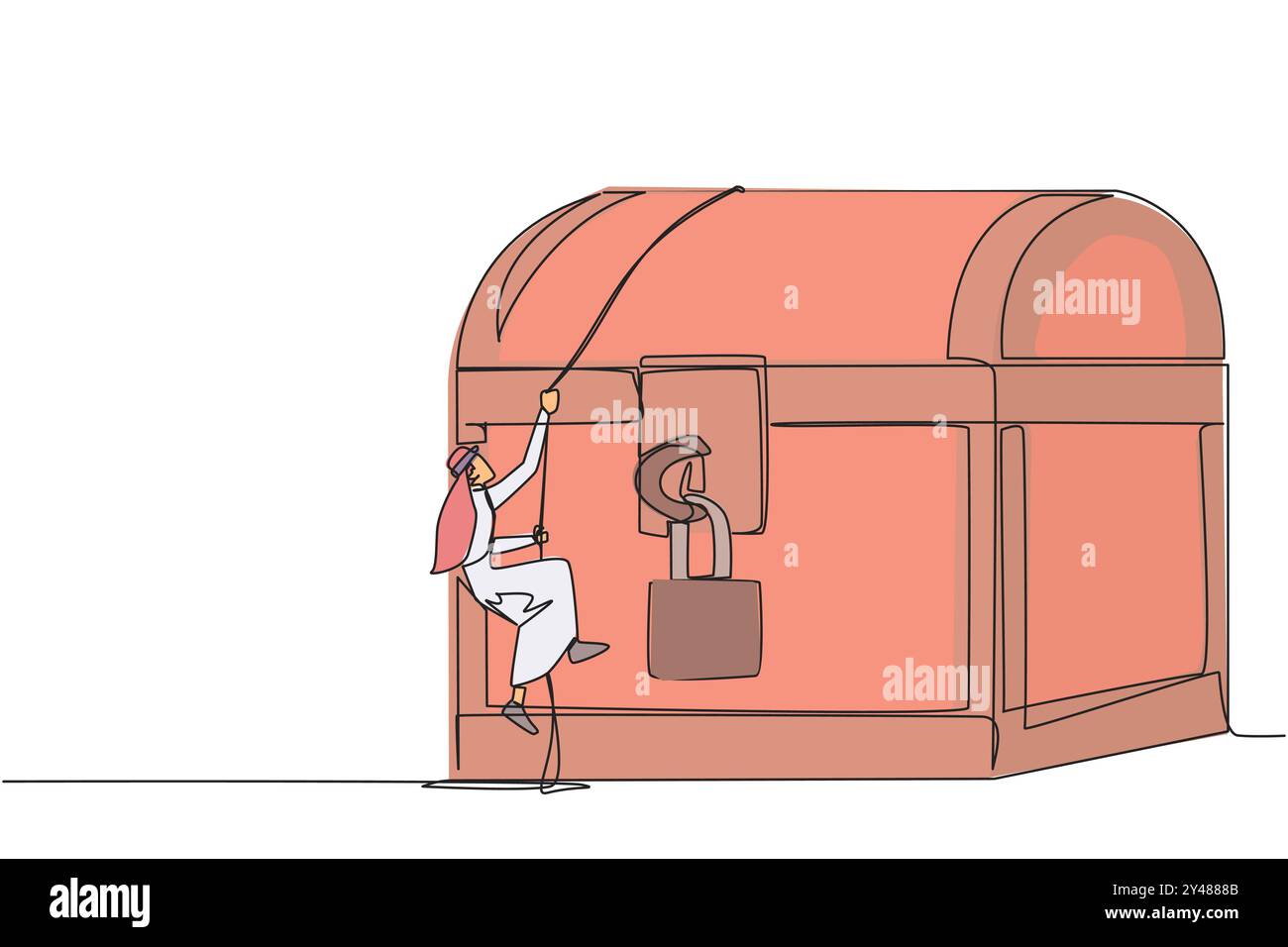 Single one line drawing Arab businessman climbs treasure chest with ...